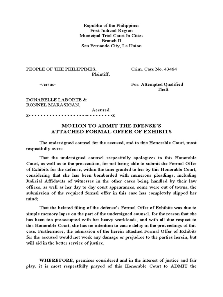 Motion To Admit The Dfense'S Attached Formal Offer of Exhibits | PDF ...