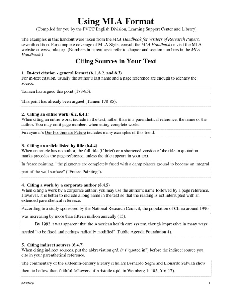 Handout Using MLA Format-2009 9 28 | PDF | Citation | Publishing