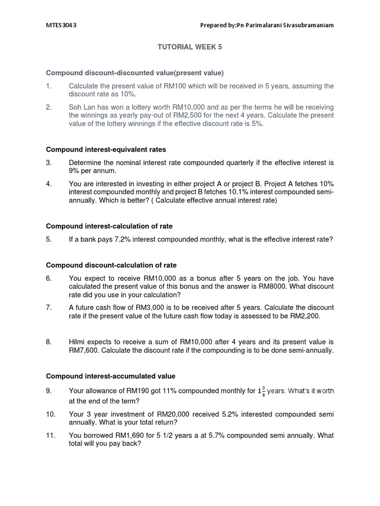Tutorial Week 5 - Compound Interest and Compound Discount | PDF | Present Value | Discounting