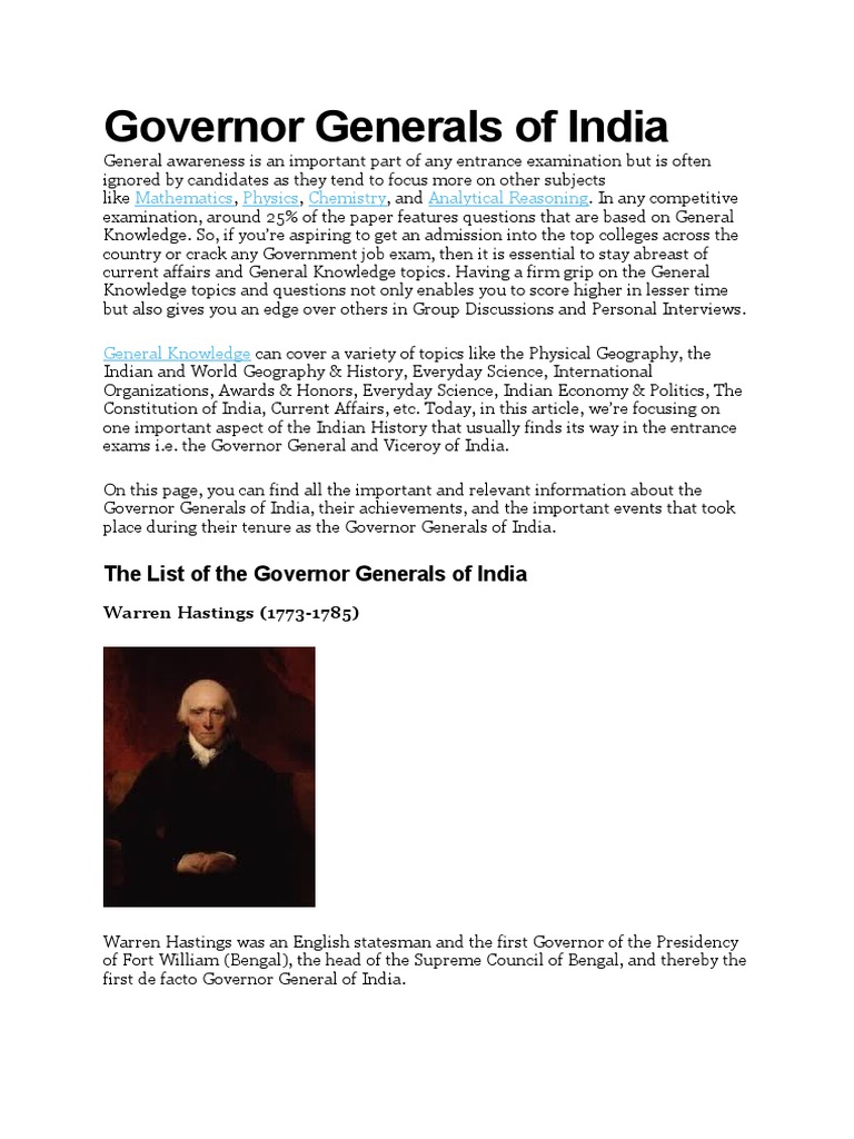 The List of The Governor Generals of India | PDF