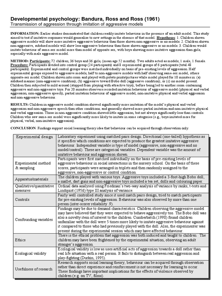 Developmental Psychology: Bandura, Ross and Ross (1961) | PDF ...