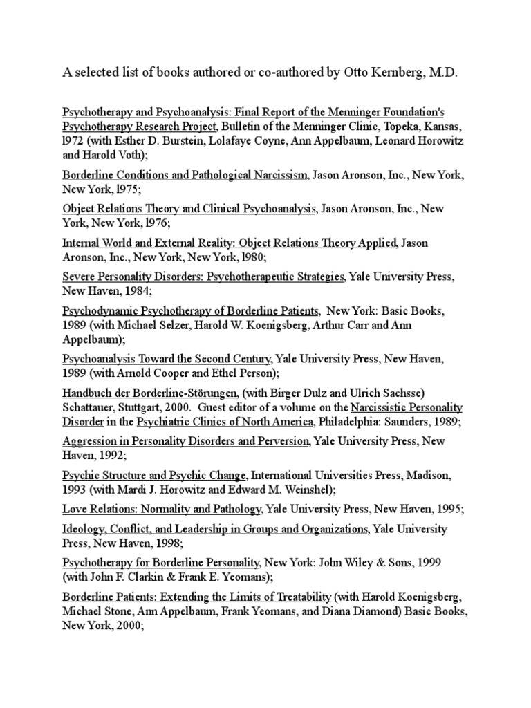 Otto Kernberg's Key Psychoanalysis Books | PDF | Psychotherapy ...
