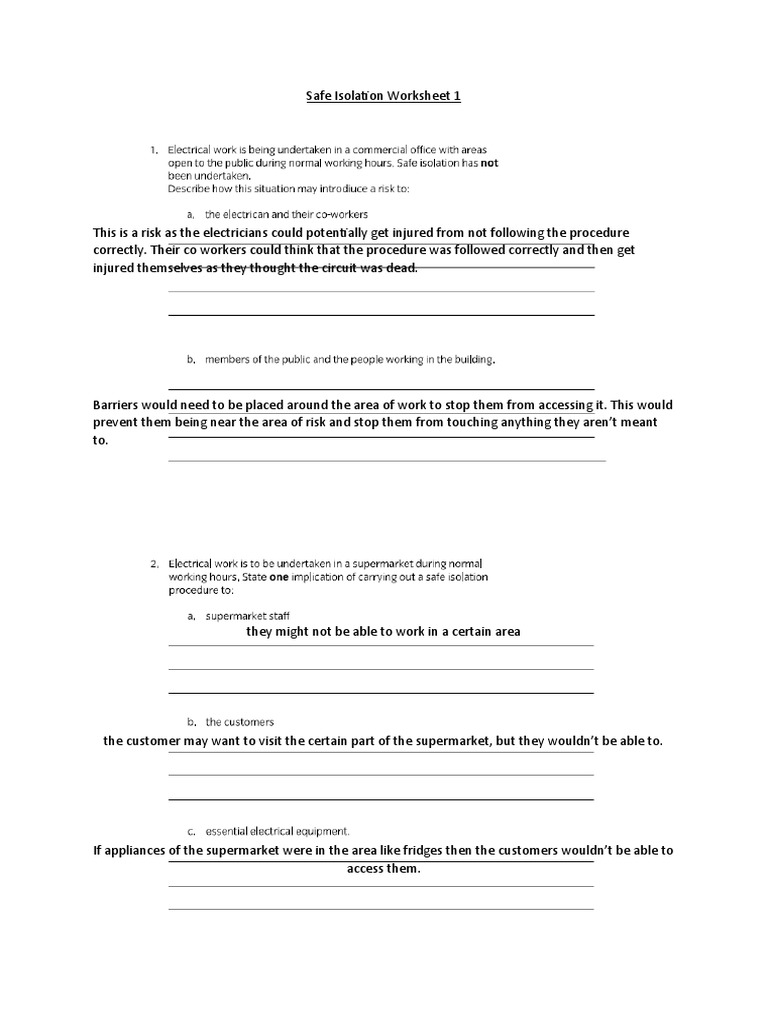 Safe Isolation Worksheet 1 | PDF