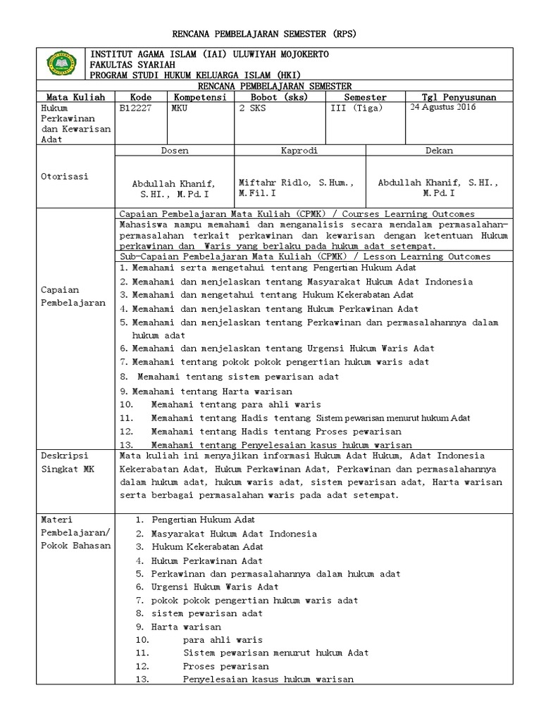 RPS Hukum Perkawinan Dan Kewarisan Adat | PDF