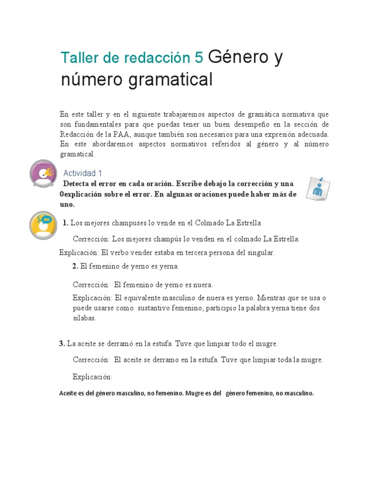 Taller de Redacción 5 Género y Número Gramatical | PDF | Lingüística ...