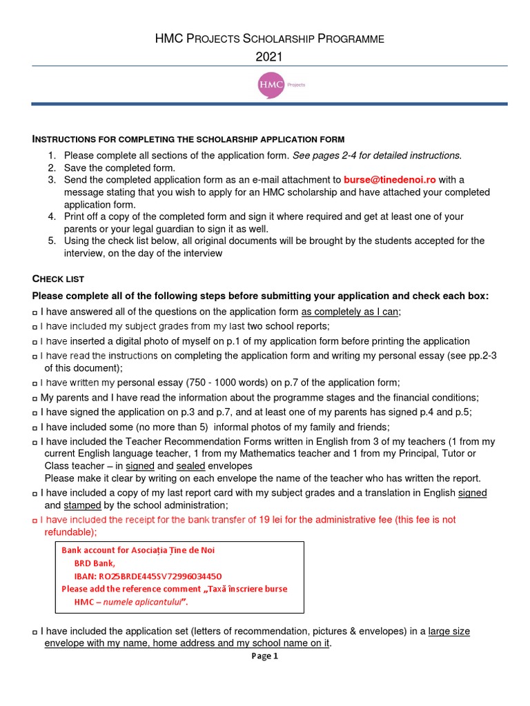 HMC P S P 2021: Nstructions For Completing The Scholarship Application ...