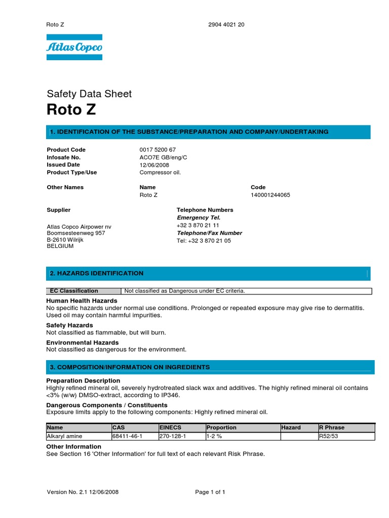 Atlas Copco Roto Inject Lubricant MSDS JEC PDF Toxicity, 60% OFF