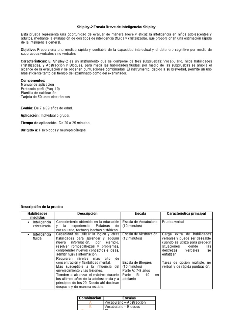 BREVES NOTAS SHIPLEY-2 Escala Breve de Inteligencia | PDF ...