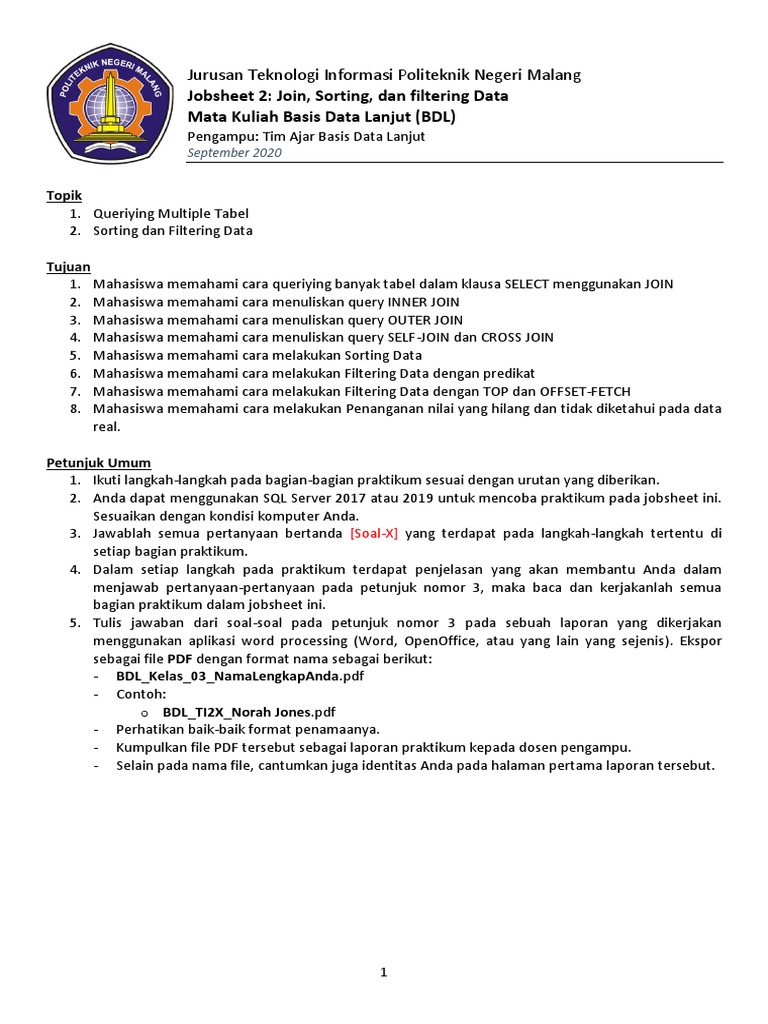 Jobsheet Minggu-03 Join, Sorting Dan Filtering Data | PDF