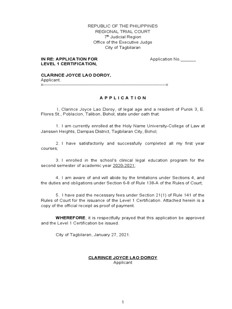 In Re: Application For Level 1 Certification, Clarince Joyce Lao Doroy | PDF