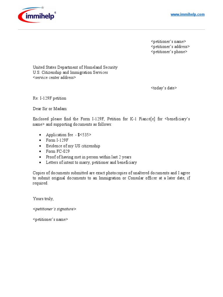 I 129f k1 Visa Fiance Petition Cover Letter | PDF
