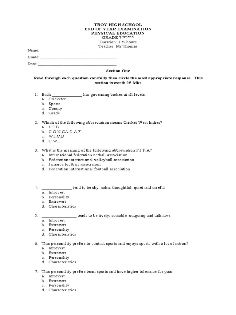 Physical Education 7 Grade Exam | PDF | Extraversion And Introversion ...