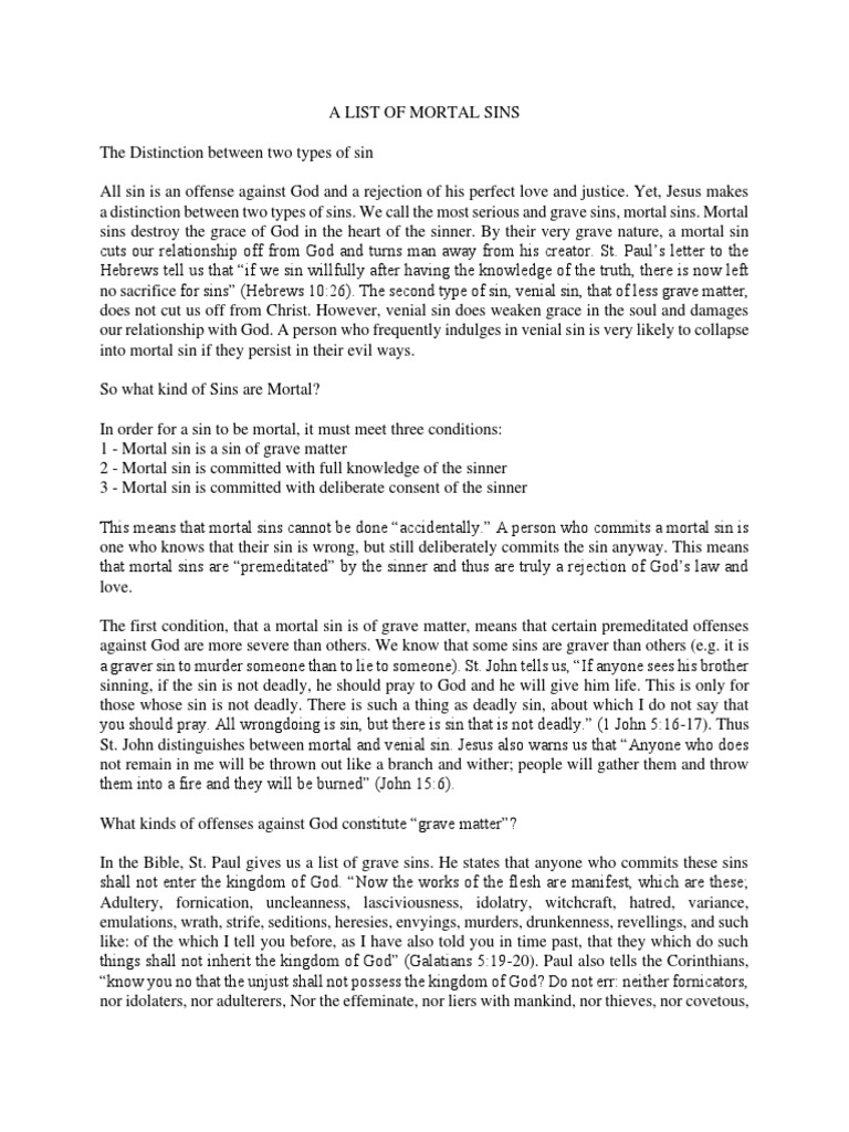 A List of Mortal Sins | PDF | Confession (Religion) | Seven Deadly Sins