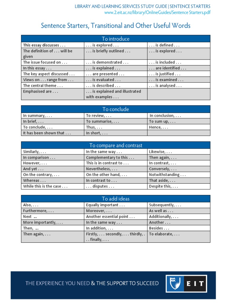Sentence Starters & Transition Words | PDF | Essays | Psychological ...