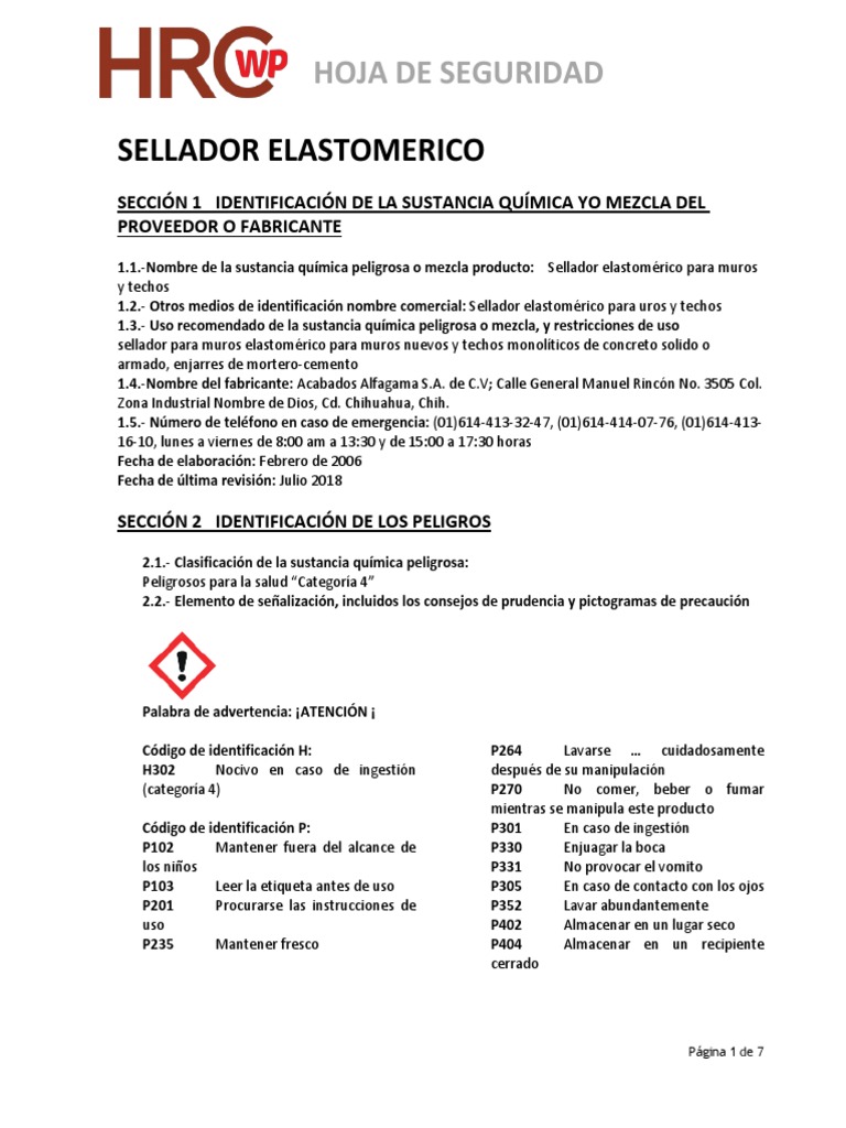 Hoja de Seguridad Sellador Elastomerico | PDF | Agua | Ciencias fisicas