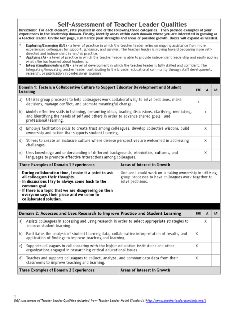 Self-Assessment of Teacher Leader Qualities | PDF | Educational ...