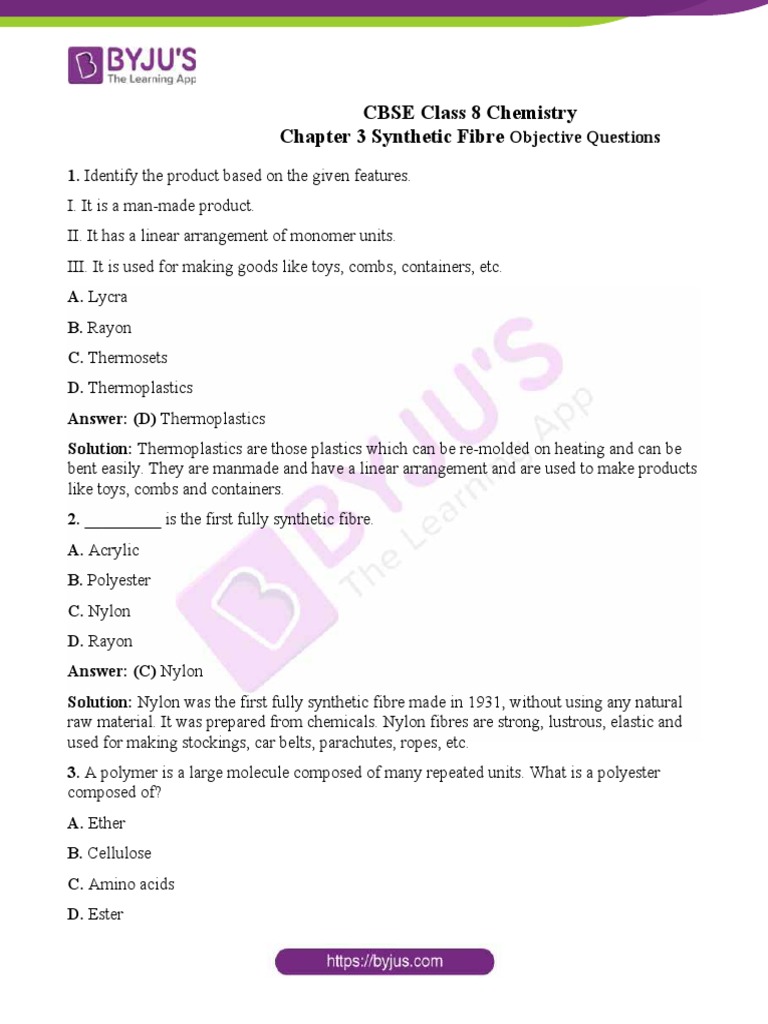 CBSE Class 8 Science Chapter 3 Synthetic Fibres Objective Questions | PDF | Polyester ...