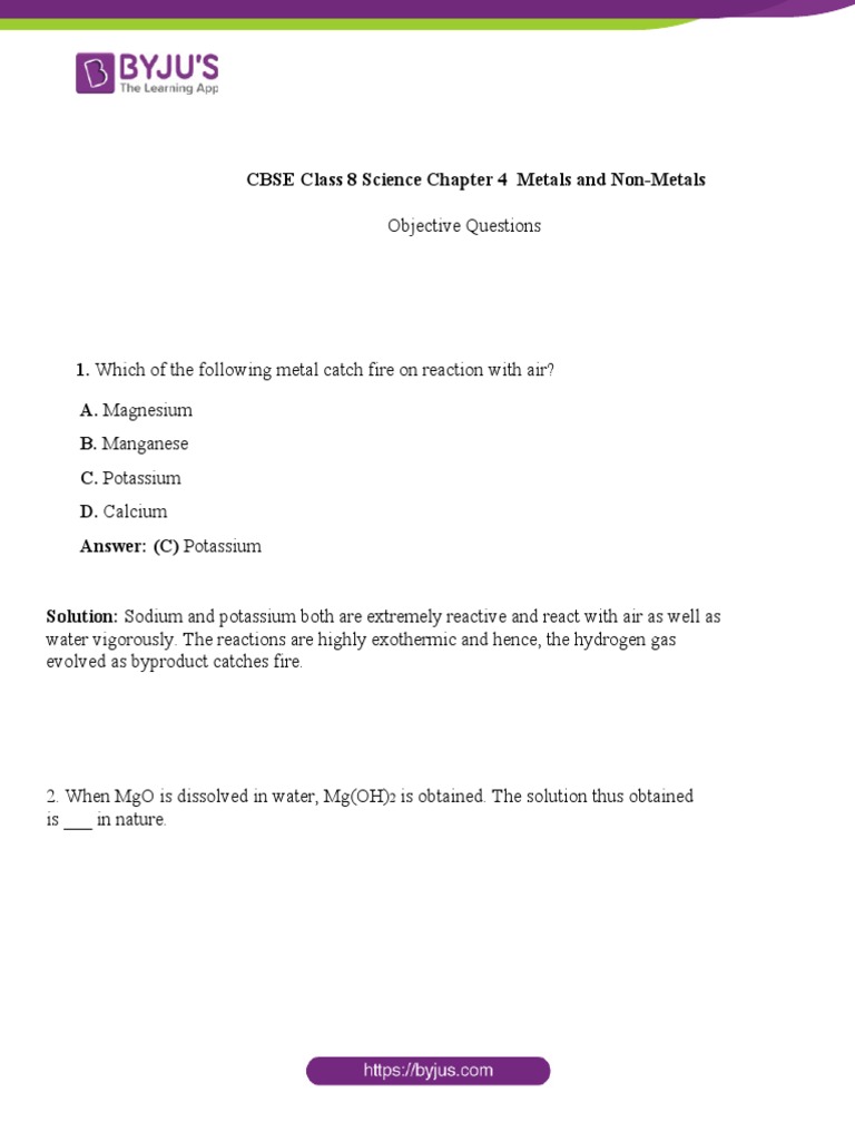 CBSE Class 8 Science Chapter 4 Metals and Non Metals Objective ...