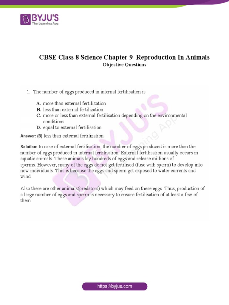 CBSE Class 8 Science Chapter 9 Reproduction in Animals Objective ...