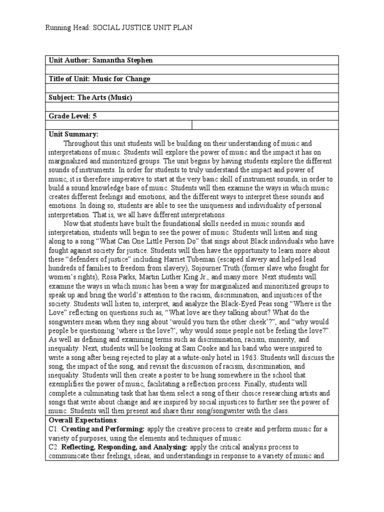 Social Justice Unit Plan | PDF | Inclusion (Education) | Emotions