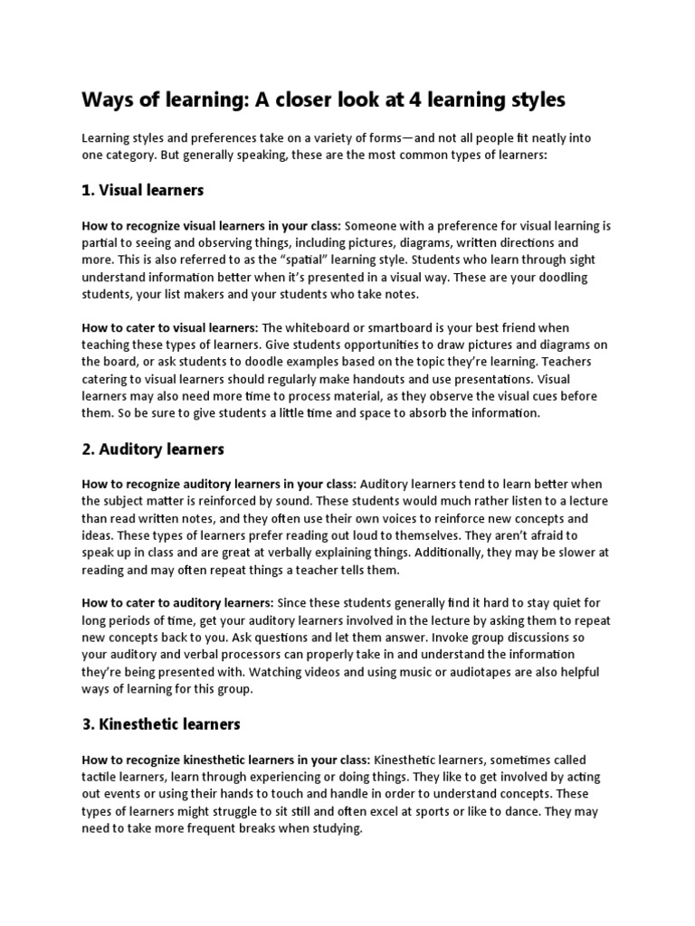 Ways of Learning: A Closer Look at 4 Learning Styles: 1. Visual ...