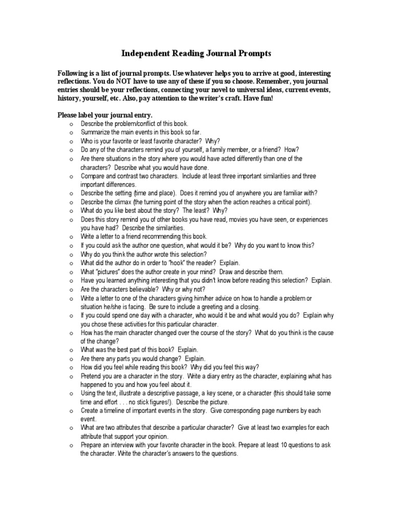 Independent Reading Journal Prompts | PDF | Books