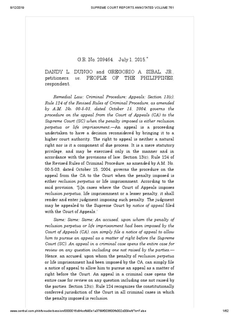 G.R. No. 209464. July 1, 2015. Dandy L. Dungo and Gregorio A. Sibal, JR ...