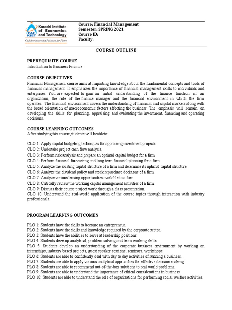 Financial Management: Course: Semester: SPRING 2021 Course ID: Faculty ...