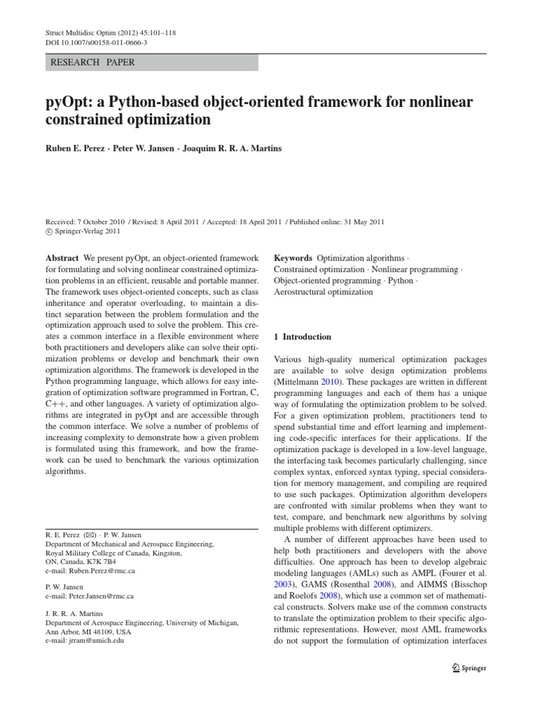 Pyopt A Python Based Object Oriented Framework For Nonlinear 1276