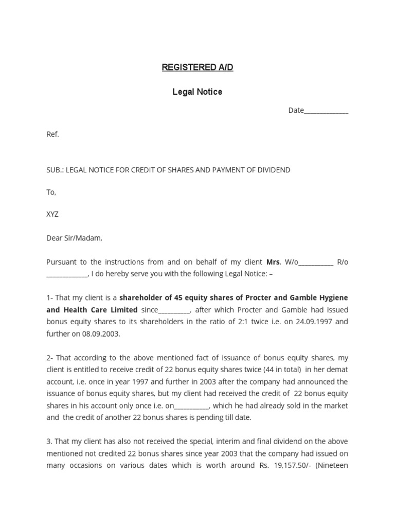 Legal Notice Format For Non-Payment of Dividend | PDF | Dividend ...