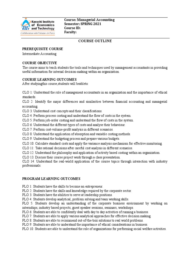 Managerial Accounting Course Outline | PDF | Management Accounting ...