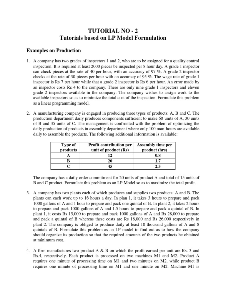 Tutorial No 2 Tutorials Based On Lp Model Formulation Download Free