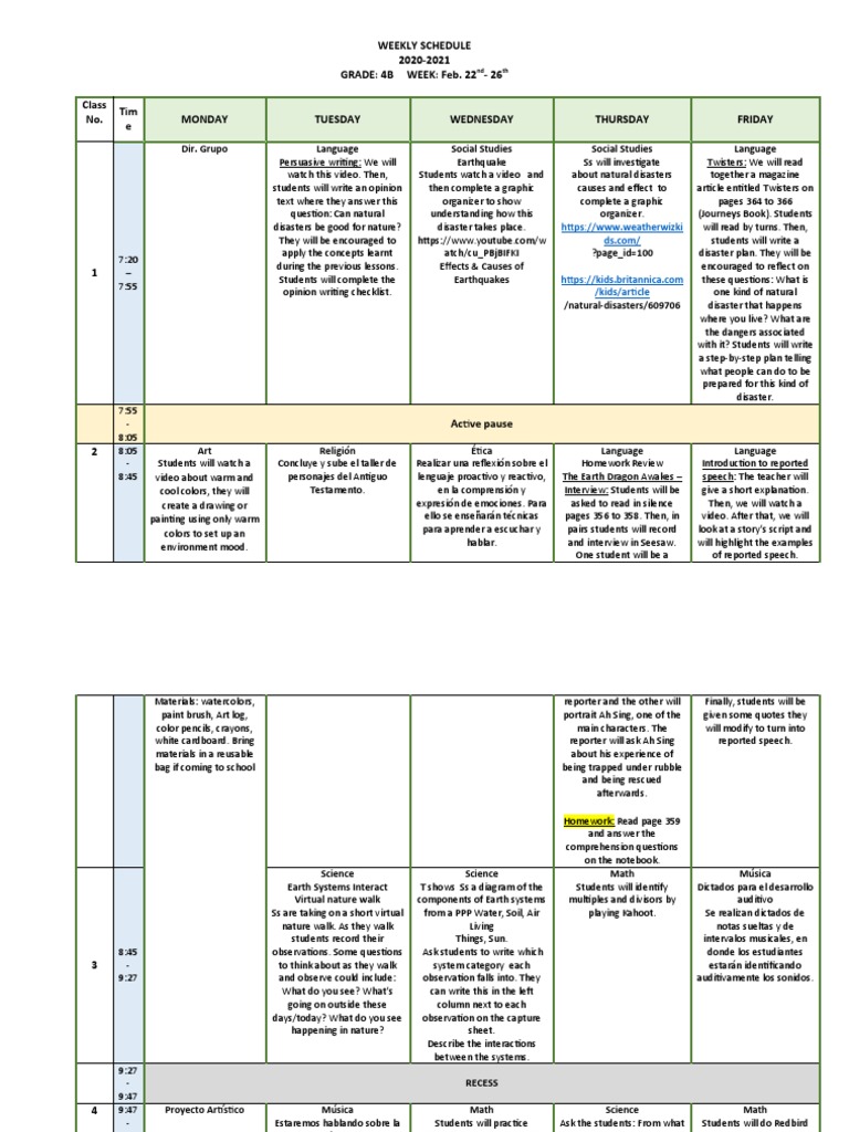 Weekly Schedule 2020-2021 Grade: 4B Week: Feb. 22 - 26 Class No. Tim e ...