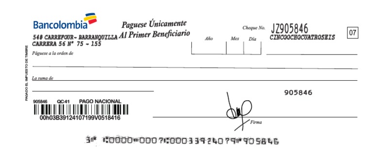 Ejemplo de Cheque Bancolombia | PDF