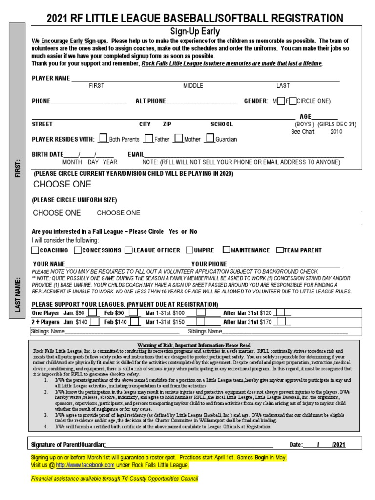 2021 Rock Falls Little League Baseball Registration Application | PDF ...