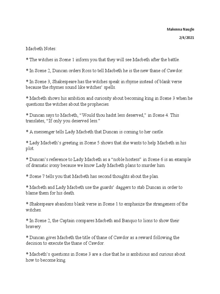 Macbeth Act 1 Analysis and Summary | PDF | Macbeth | Shakespearean ...