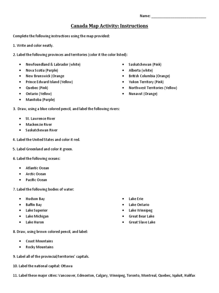 Canada Map Activity: Instructions | PDF | Provinces And Territories Of ...