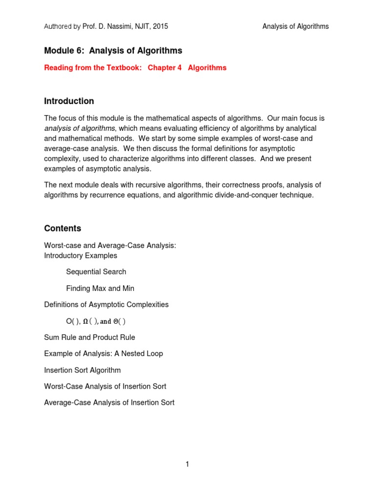 Module 6: Analysis of Algorithms: Reading From The Textbook: Chapter 4 ... Module 6: Analysis of Algorithms: Reading From The Textbook: Chapter 4 ...