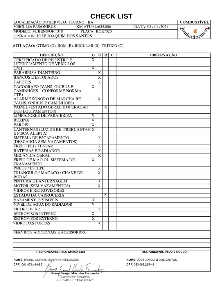 Check List Equipamento - Onibus | PDF