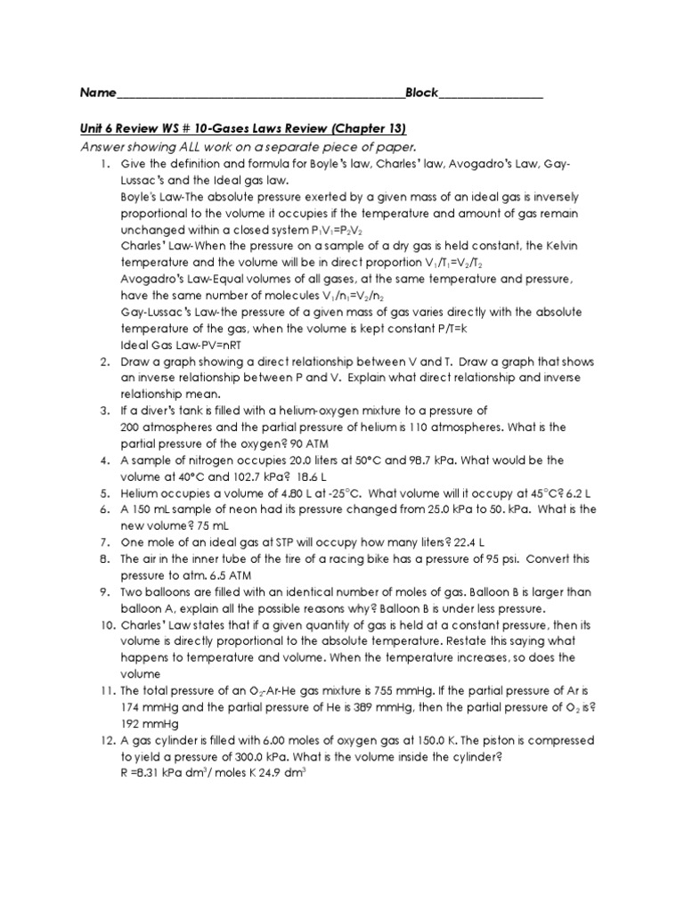 Gases Laws Review and Calculations | PDF | Gases | Pressure
