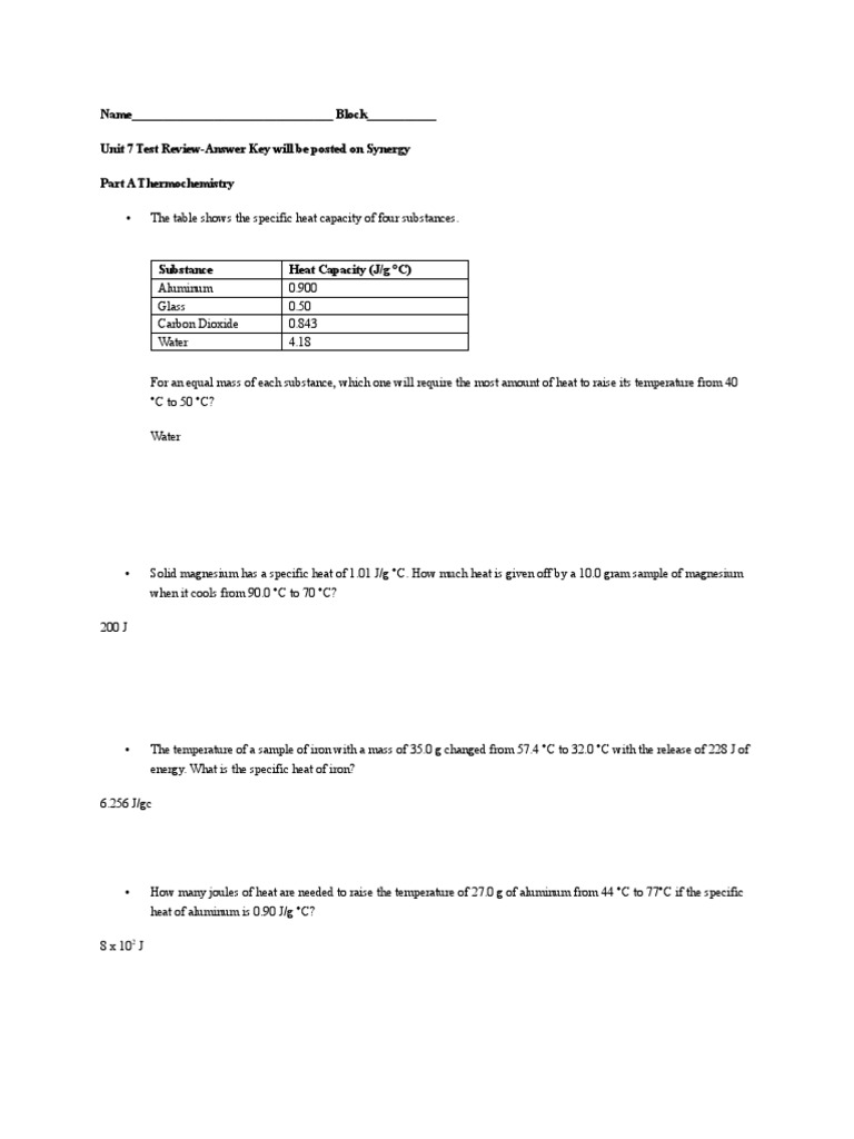 Name - Block - Unit 7 Test Review-Answer Key Will Be Posted On Synergy ...