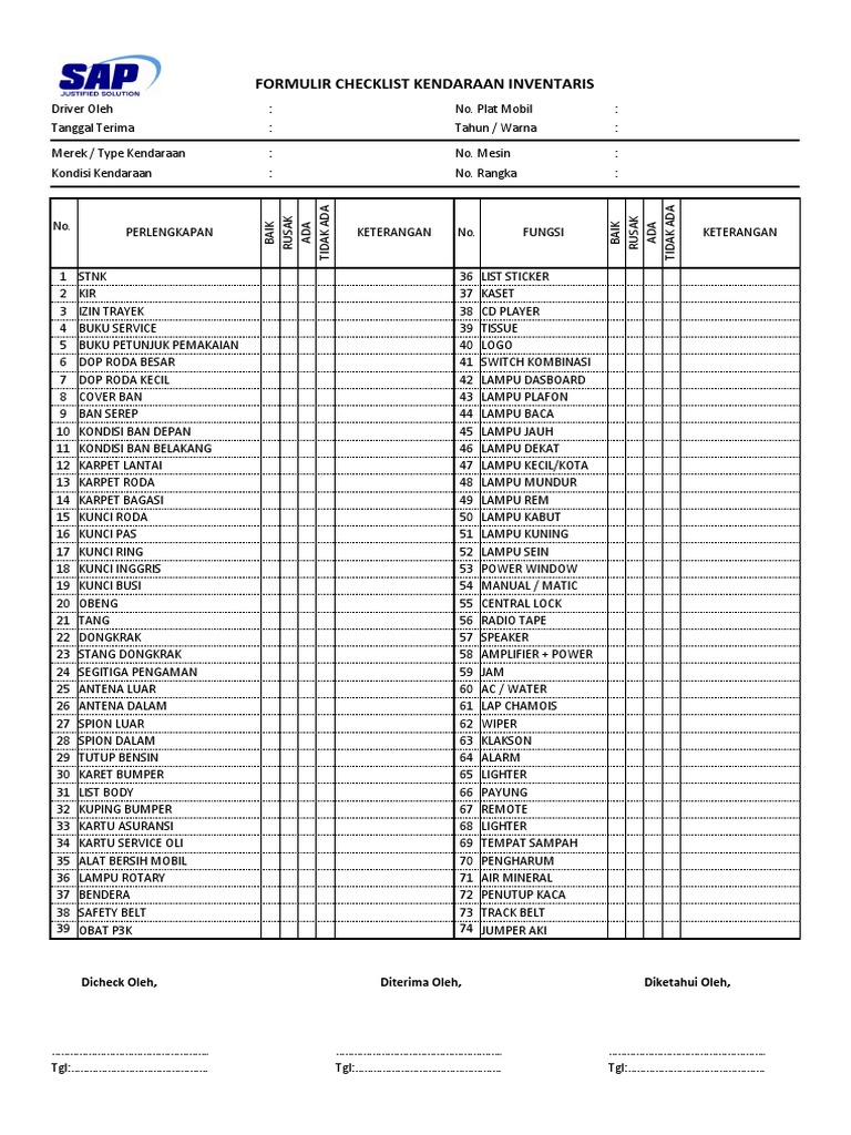 Form Checklist Kendaraan | PDF