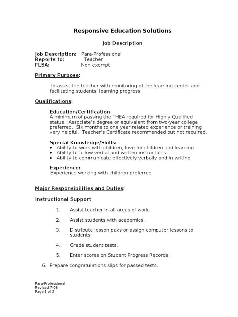 Paraprofessional Job Description | PDF | Teachers | Learning