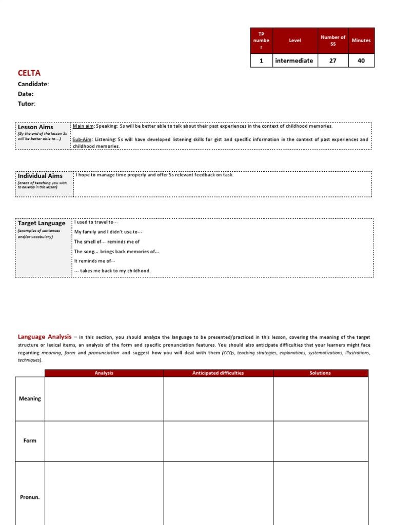 CELTA TP 1 - Lesson Plan Model | PDF | Lesson Plan | Vocabulary