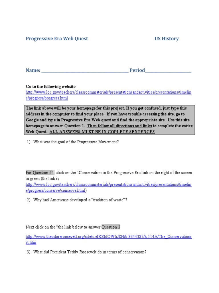 Progressive Era Web Quest Guide | PDF | Politics | Social Science