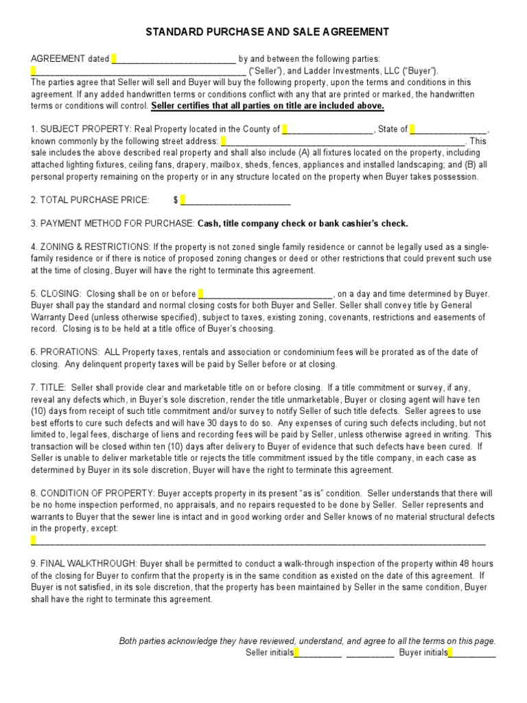 Standard Purchase Agreement For Real Estate - BP | PDF | Real Estate ...