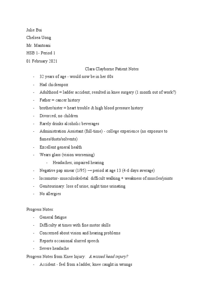 Clara Clayborne Patient Notes | PDF | Knee | Neurology