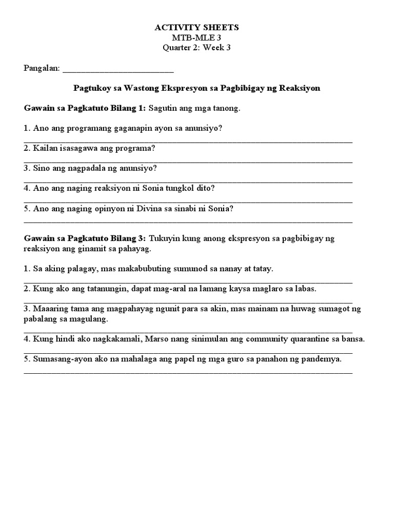 MTB-MLE 3 Activity Sheet Q2 W3 | PDF
