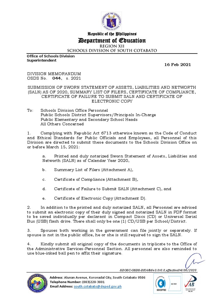 DM Osds No. 044 S. 2021 Submission of Sworn Statement of Assets Liabilities and Networth As of ...