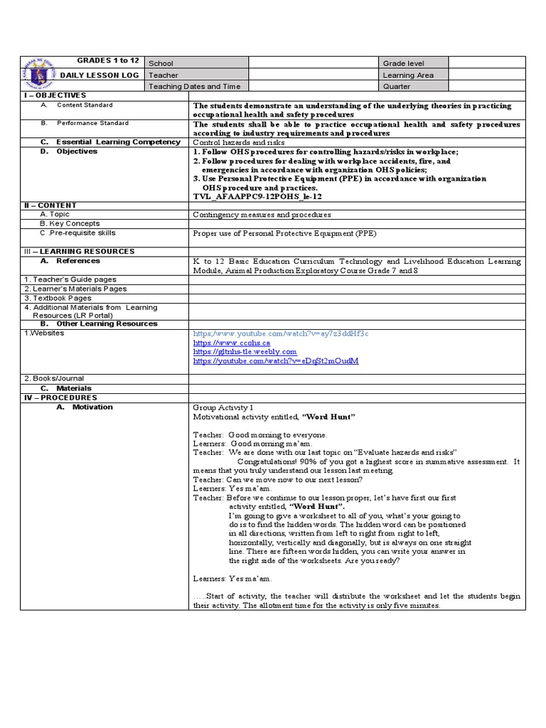 Lesson 4 DLL Lo3 | PDF | Occupational Safety And Health | Teachers